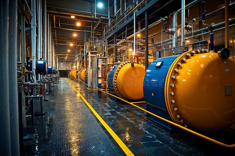 A Large Room Filled with Lots of Yellow and Blue Tanks Stock Image ...