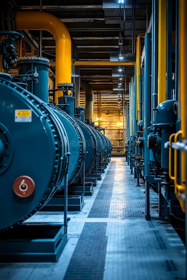 A Row of Large Blue and Yellow Pipes in a Factory Stock Photo - Image ...