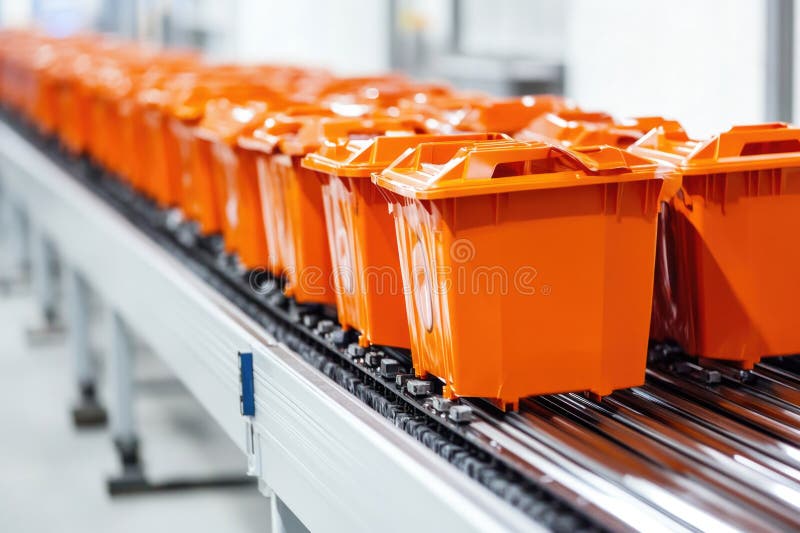 Industrial Setting with Orange Bins Being Transported Along a ...
