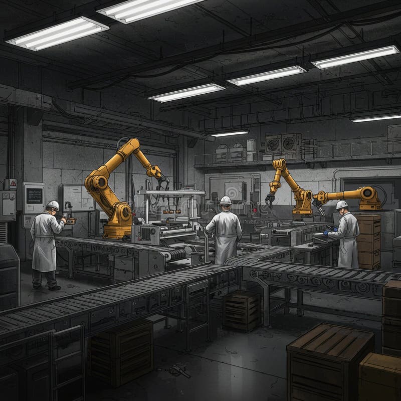 Industrial Setting with Robotic Arms Operating on a Conveyor Belt ...