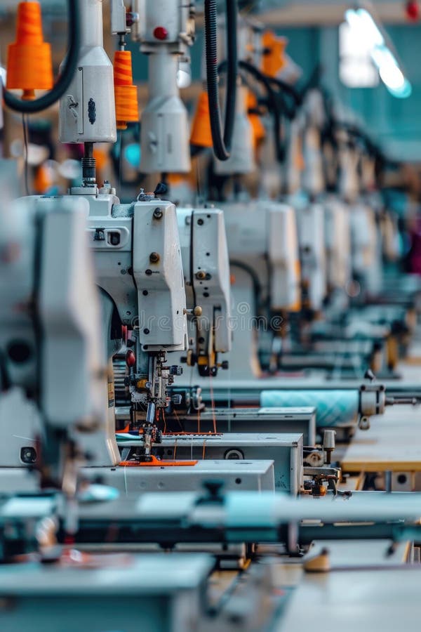 Industrial Setting with Rows of Sewing Machines on a Factory Floor ...