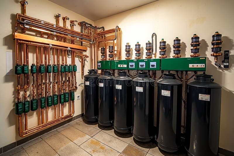 A Row of Water Softener Tanks in a Room with Pipes and Valves Stock ...