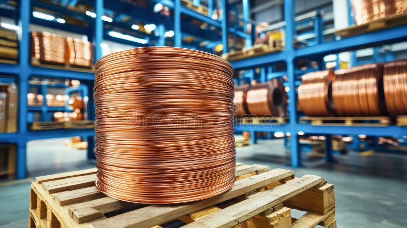 Industrial Setting Showcases Large Copper Wire Roll on Pallet, Ready ...