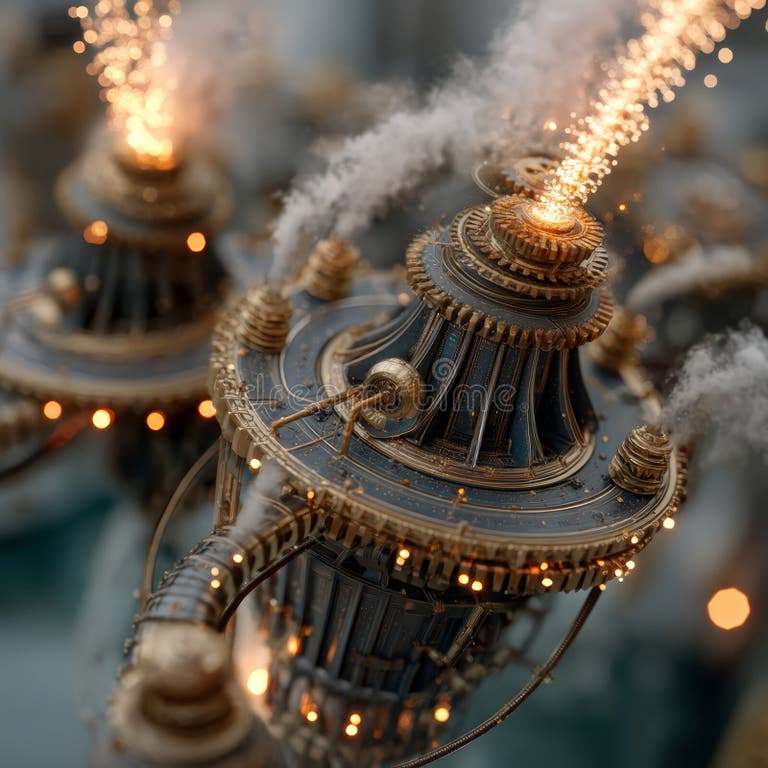 Industrial Setting with Three Elevated Machines, Each Featuring Control Panels and Mechanical ...