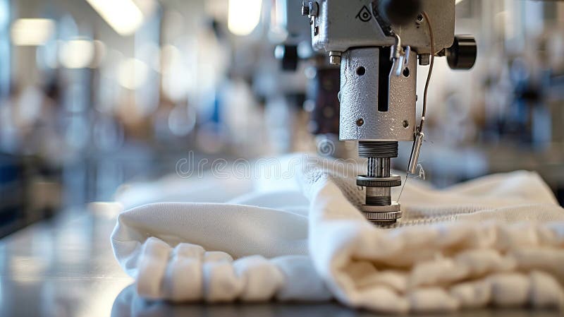 Industrial Sewing Machine Working on White Fabric in Factory Setting ...