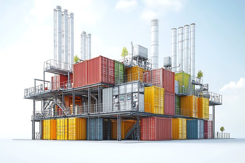 Industrial Shipping Container Complex with Chimneys Stock Illustration ...