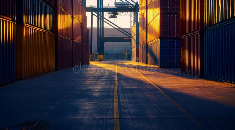 Industrial Shipping Containers in Warm Sunset Light at a Busy Port ...