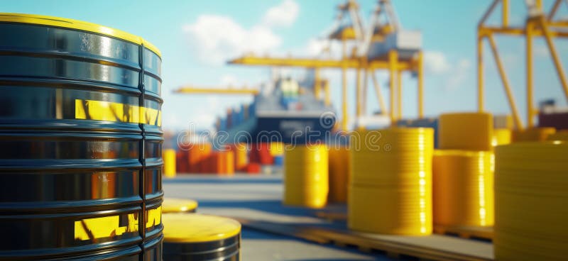 Industrial Shipping Yard with Barrels and Cargo Ship in Background ...