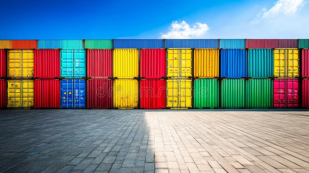 Industrial Shipping Yards Feature Stacks of Brightly Colored Cargo ...