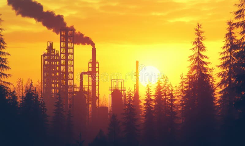 Industrial Silhouette Against Sunset Smoke Trees Foreground Stock ...