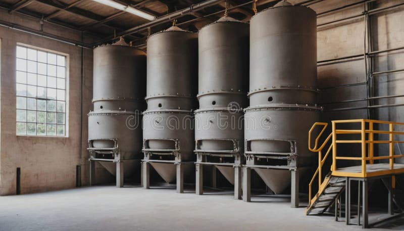 Industrial Silos in Warehouse Setting with Yellow Stairway Feature ...