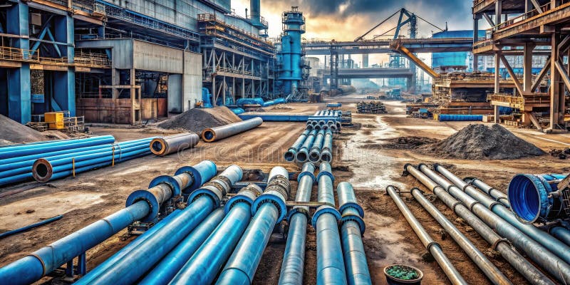 Industrial Site with Extensive Network of Large Blue Pipes and Metal ...