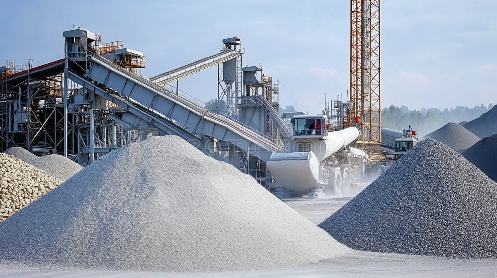 Industrial Site with Machinery Processing Aggregates and Piles of ...