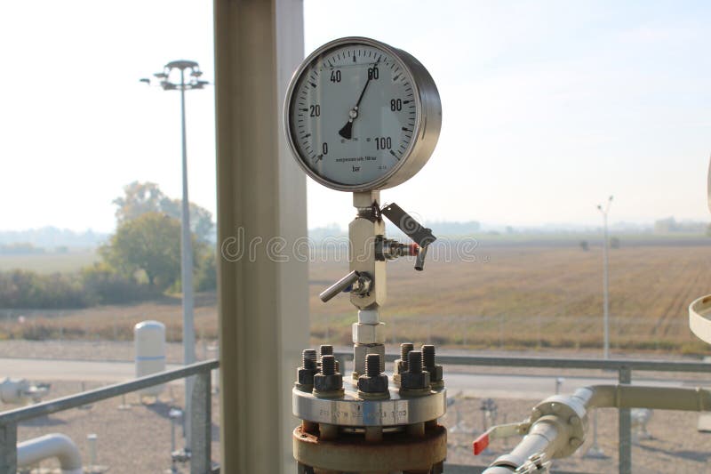 An Industrial Site. a Pressure Gauge Installed on a Vessel Stock Photo ...