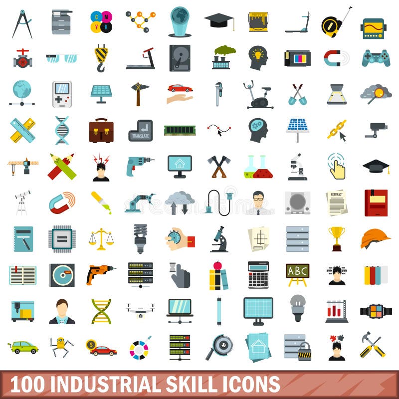100 Industrial Skill Icons Set, Flat Style Stock Vector - Illustration ...
