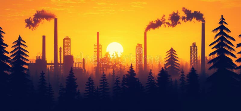 Industrial Skyline Silhouette Against Sunset with Smoke and Trees Stock ...