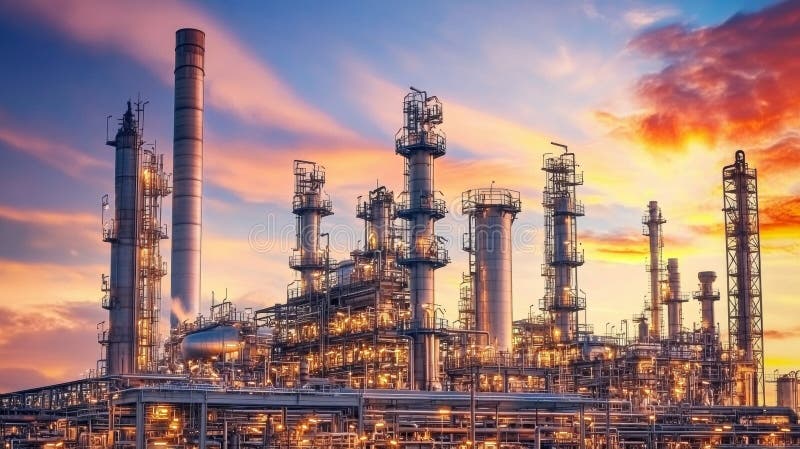 Industrial Skyline at Sunset with Towering Refinery Structures and ...