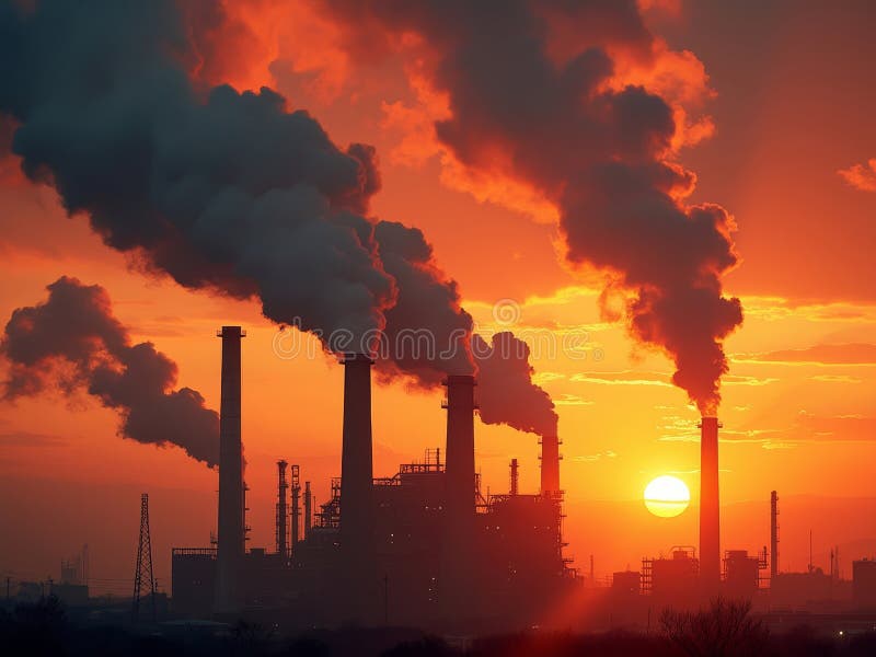 Industrial Smokestacks Emitting Pollution at Sunset with Dramatic Sky ...
