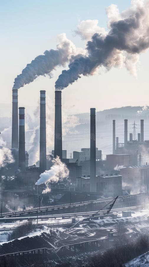 Industrial Smokestacks Emitting Pollution in a Winter Landscape Stock ...