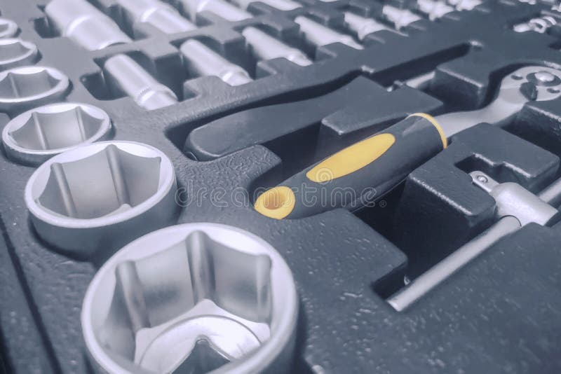 Industrial Socket Set Inside Toolbox, Ratchet Socket Kit Stock Image ...