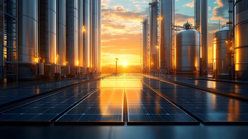 Industrial Solar Energy Integration at Sunset with Modern Storage Tanks ...
