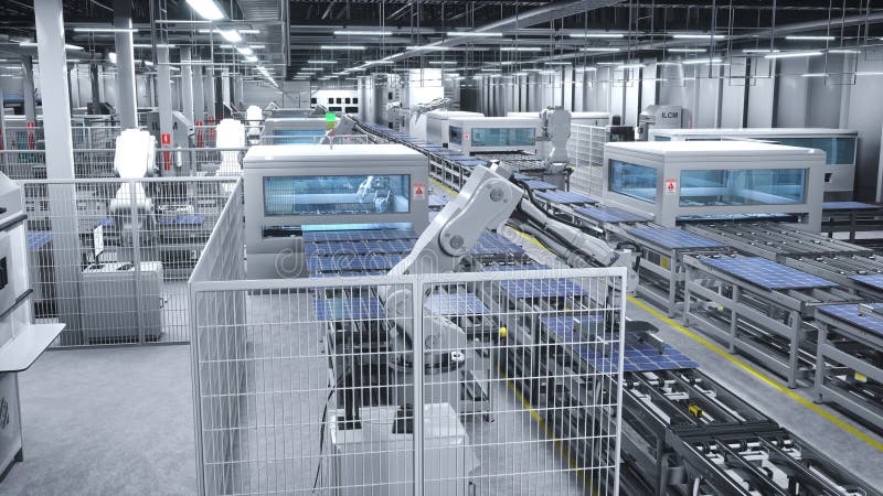 Industrial Solar Panel Warehouse with High Tech Robot Arms, 3D ...