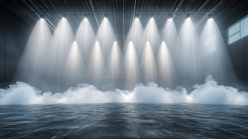 Industrial Space, Spotlights, Fog, Stage, Event Stock Illustration ...