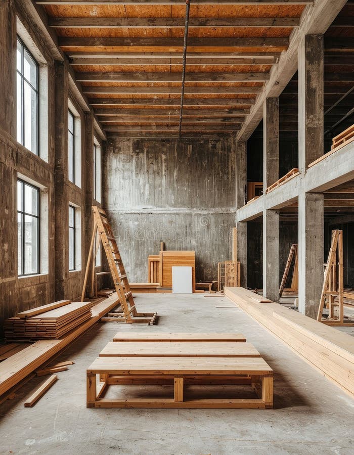 An Industrial Space with Wooden Elements and Construction Materials on the Floor. Large Windows ...
