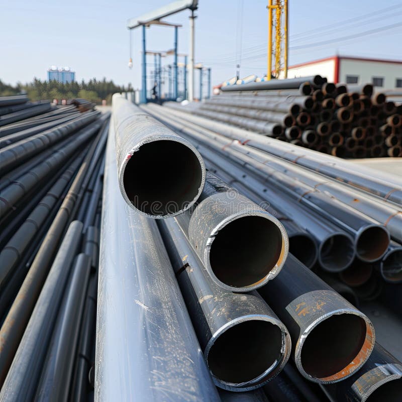 Industrial Stack of Metal Pipes at a Construction Site, Ready for ...