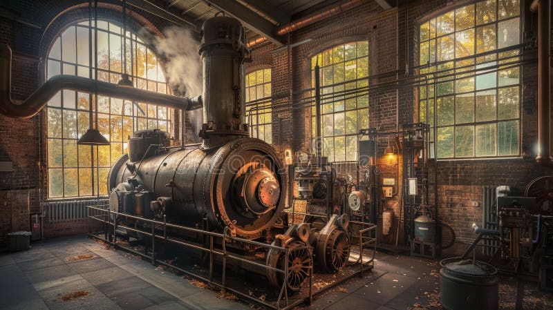 Industrial Steam Engine in a Brick Building Stock Illustration ...