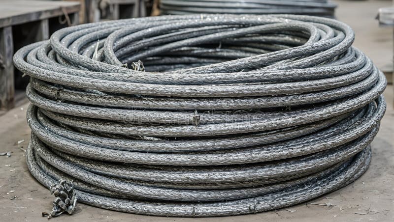 Industrial Steel Cables with Rugged Texture Coiled in Factory Setting ...
