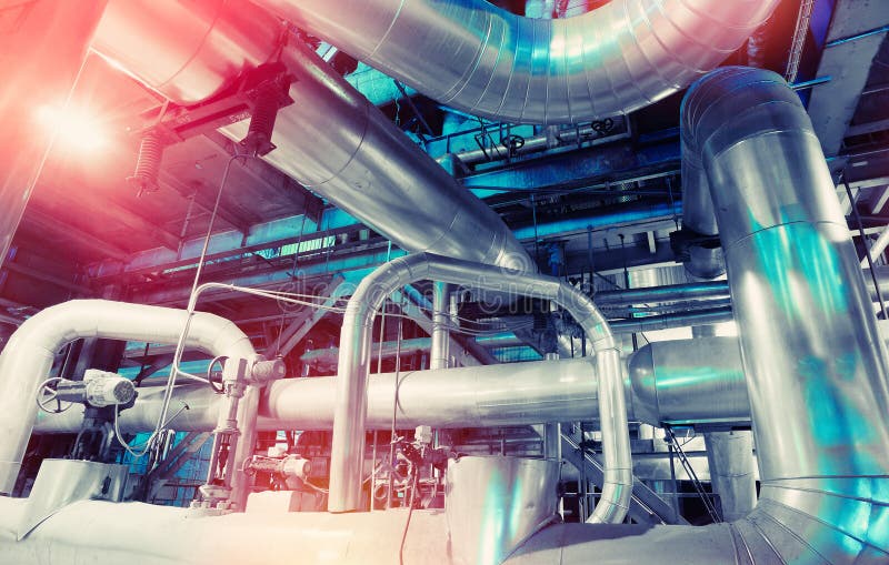 Industrial Steel Pipelines and Cables in Blue Tones Stock Photo - Image ...