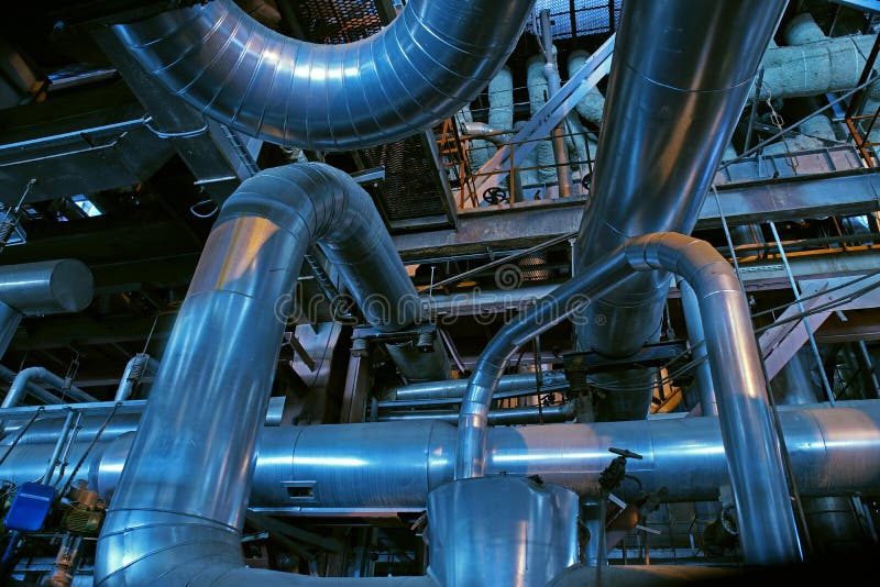 Industrial Steel Pipelines, Valves, Cables and Walkways Stock Photo ...