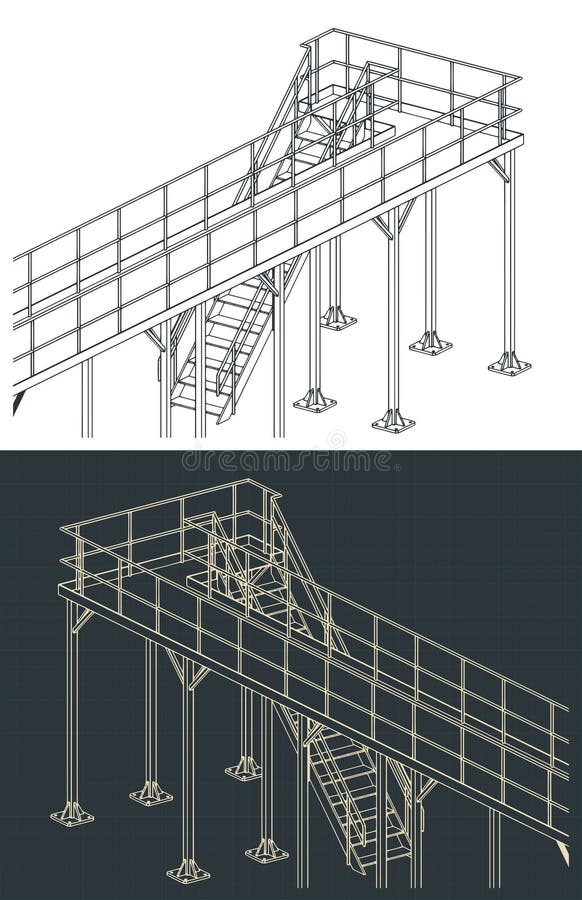 Industrial Steel Platform and Stairs Isometric Blueprints Illustrations ...
