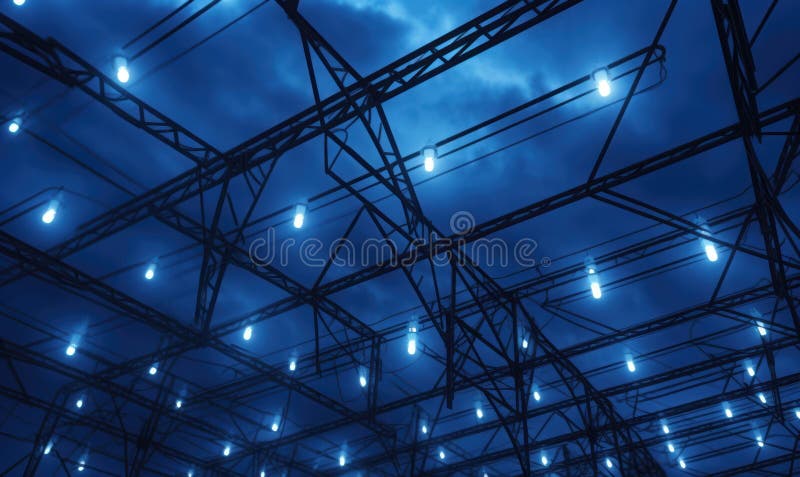 Industrial Steel Structure with Lights in Blue Tone with Stormy Sky ...