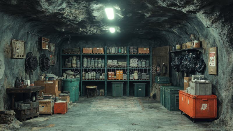 Industrial Storage Area with Shelves and Various Containers in a Dimly ...