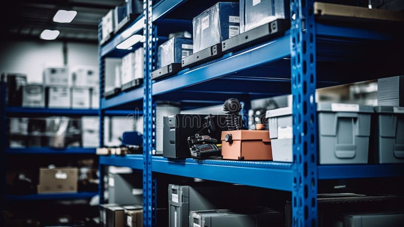 Industrial Storage Room Featuring Shelves of Technical Equipment and ...