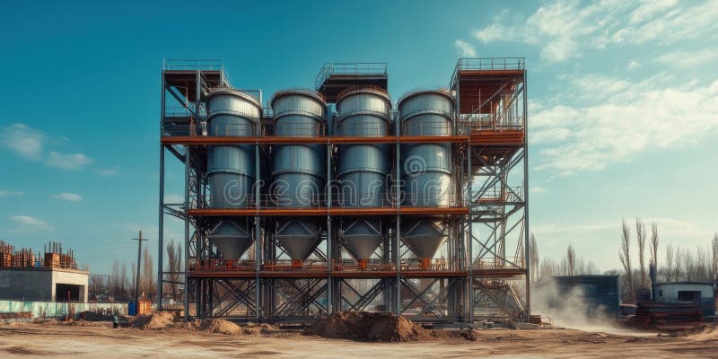 Industrial Storage Silos at a Construction Site Under a Clear Blue Sky ...