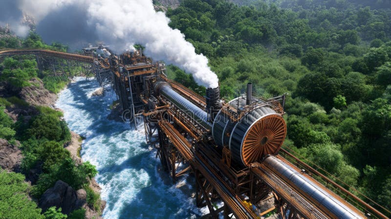 Industrial Structure Releasing Steam Near a River Surrounded by Lush ...
