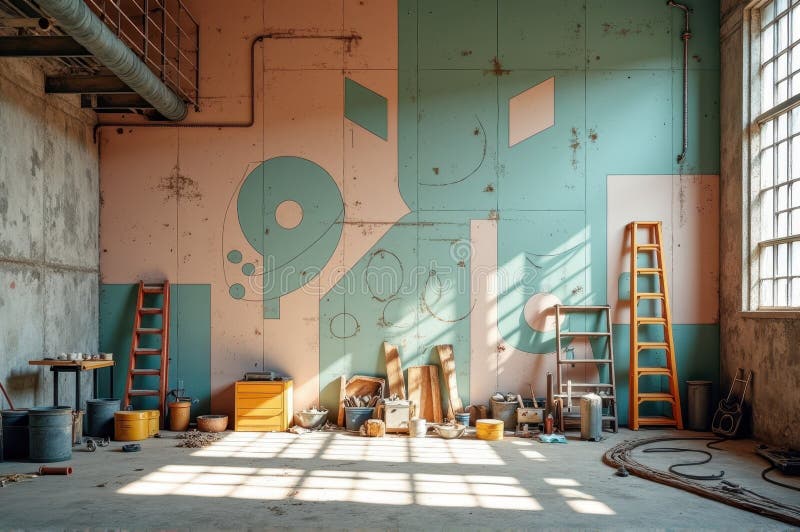 Industrial Studio with Geometric Painted Wall and Sunlit Interior Decor ...