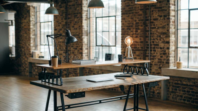 Industrial-style Desk in Rustic Loft Workspace with Brick Wall ...