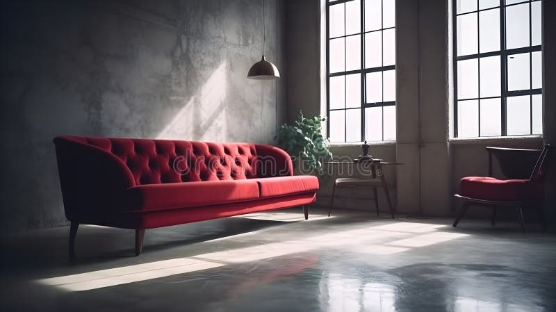 Industrial Style Living Room with Red Sofa and Large Windows in Natural ...