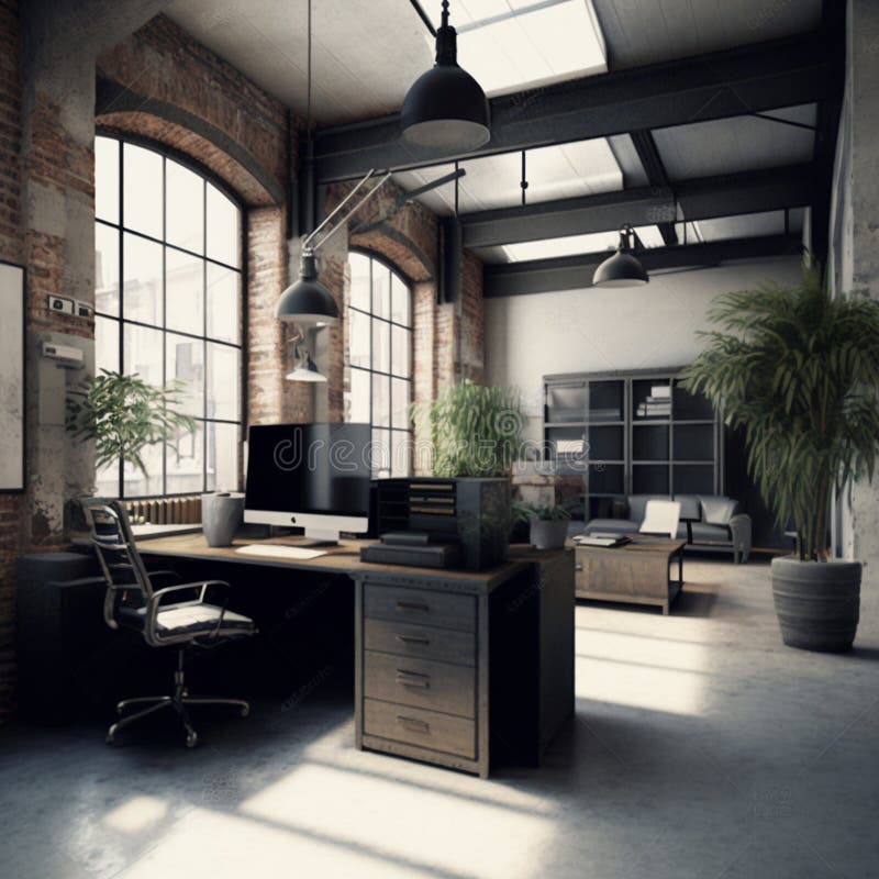 Industrial-Style Loft with Modern Office Interior. Generative AI Stock ...