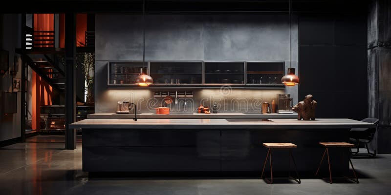 An Industrial Style Modern Kitchen with Grey Walls and Stone Counter ...