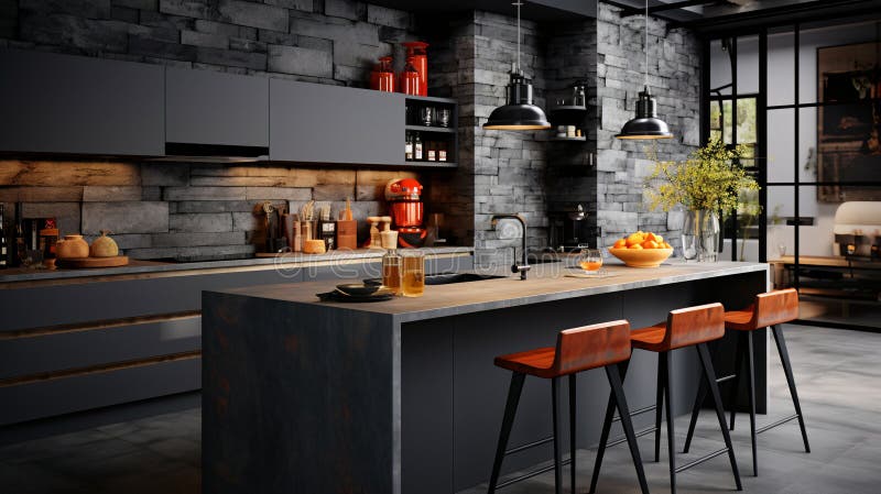 An Industrial Style Modern Kitchen with Grey Walls and Stone Counter ...