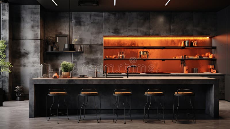 An Industrial Style Modern Kitchen with Grey Walls and Stone Counter ...