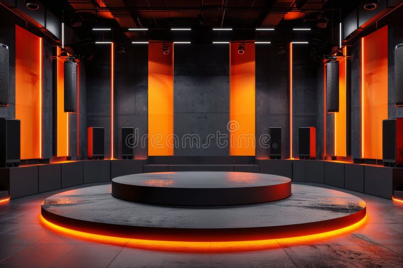 Industrial-style Stage with Orange Lighting and Sound System in a ...