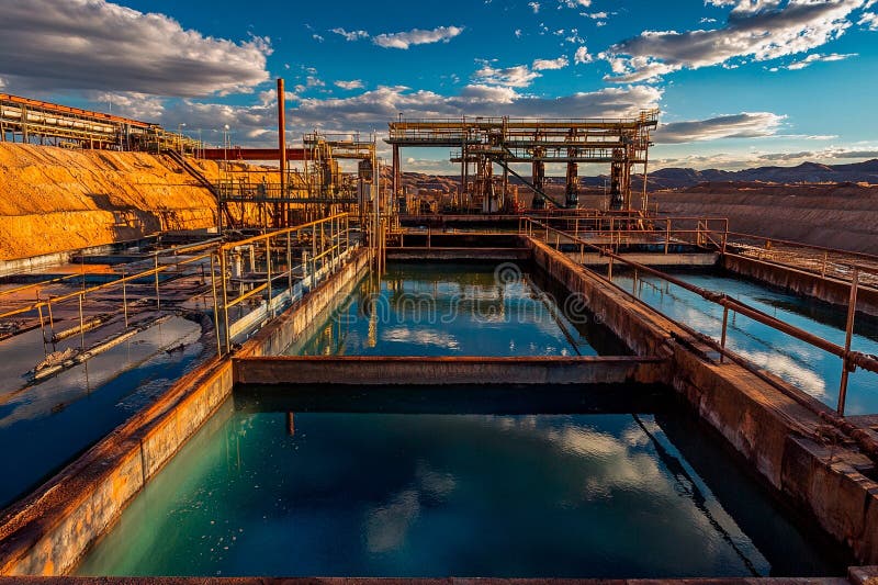 Industrial Sunset Over Tranquil Water Pools at an Abandoned Mining Site ...