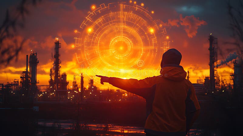 Industrial Sunset, Person Interacts with Digital Interface, Future Tech ...
