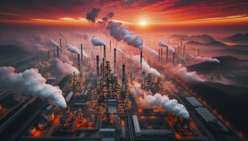 Industrial Sunset, Smokestacks and Emissions Over Factory Complex ... Industrial Sunset, Smokestacks and Emissions Over Factory Complex ...